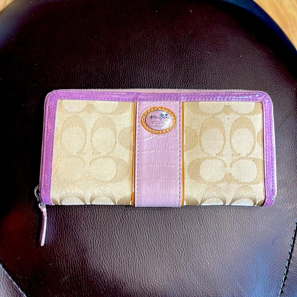 Bags | Coach Monogram Canvas And Lavender Accent Zip Wallet | Poshmark